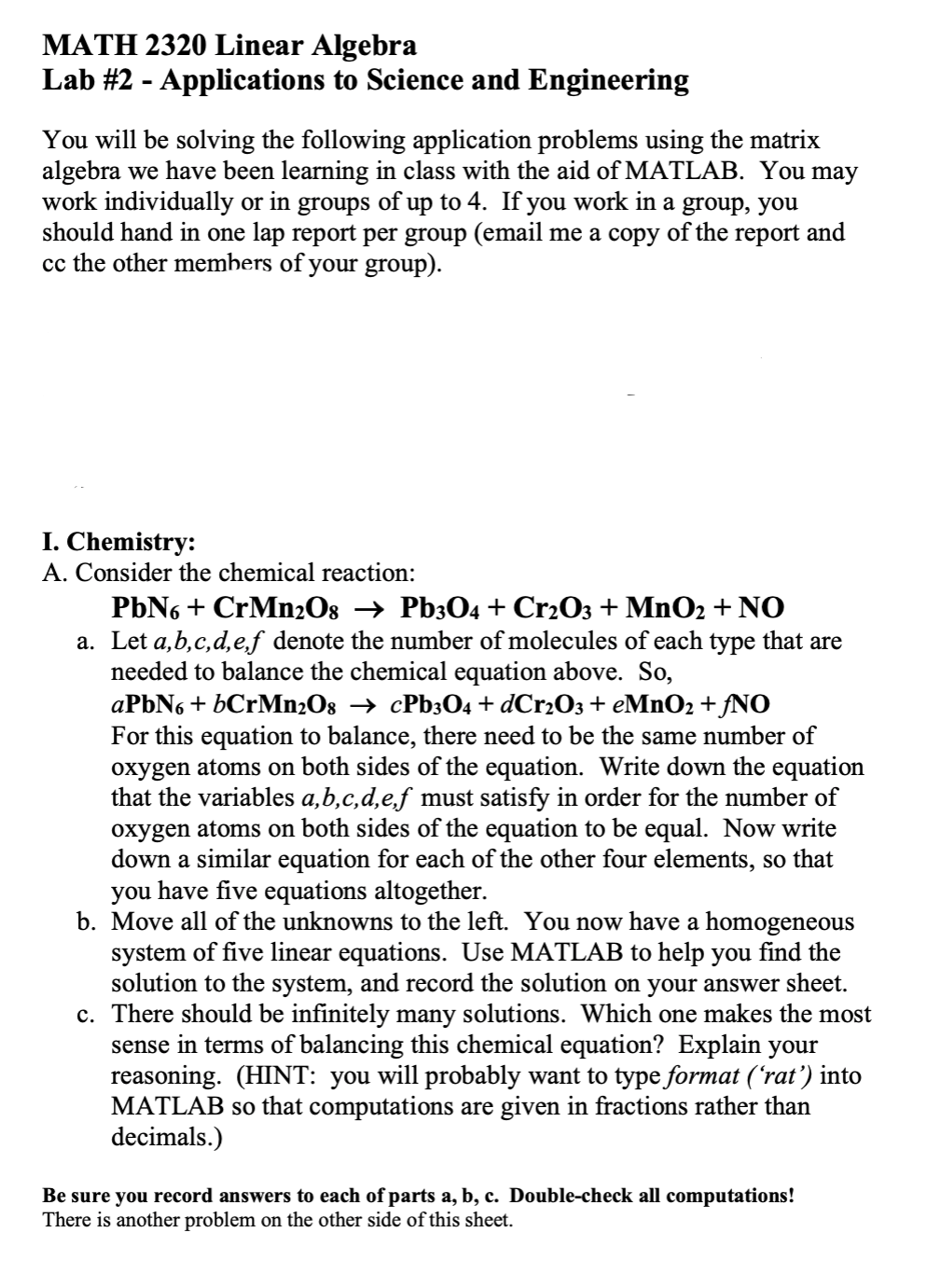 Solved MATH 2320 Linear Algebra Lab #2 - Applications to | Chegg.com