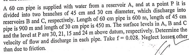 Solved A 60 cm pipe is supplied with water from a reservoir | Chegg.com