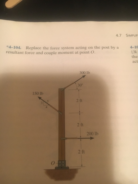 Solved Replace the force system acting on the post by a | Chegg.com