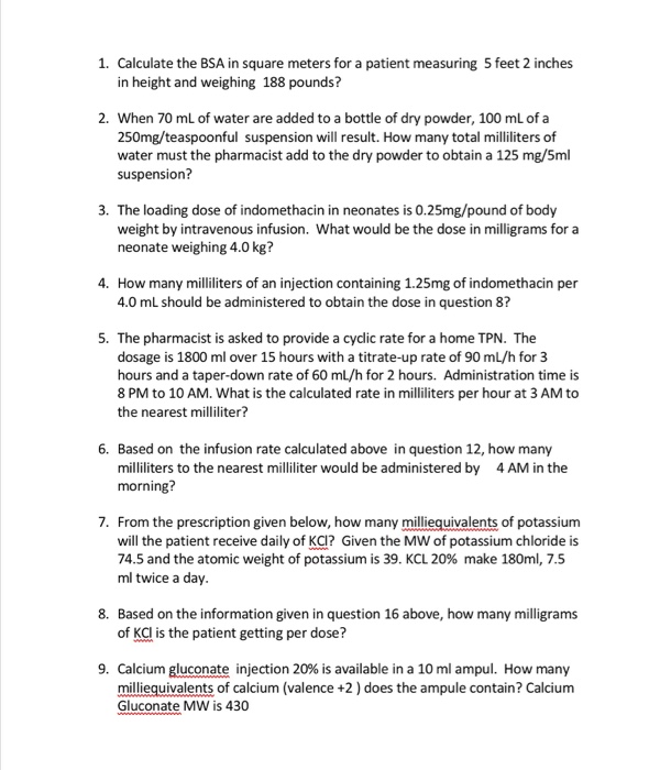 Solved 1. Calculate the BSA in square meters for a patient | Chegg.com