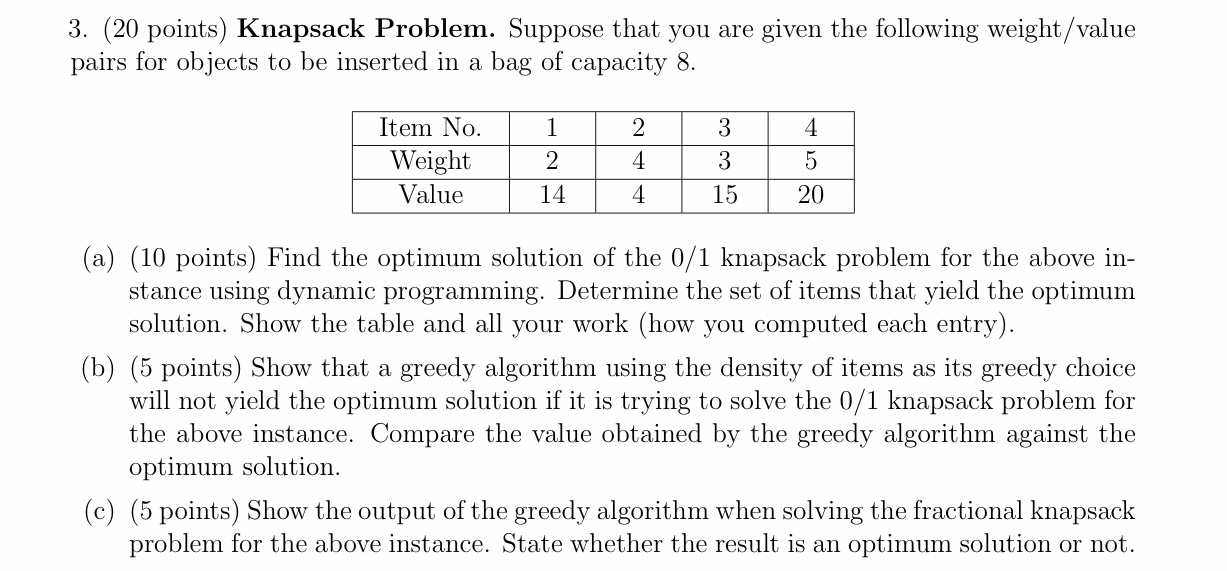 Solved 3. (20 points) Knapsack Problem. Suppose that you are | Chegg.com Solved 3. (20 points) Knapsack Problem. Suppose that you are | Chegg.com