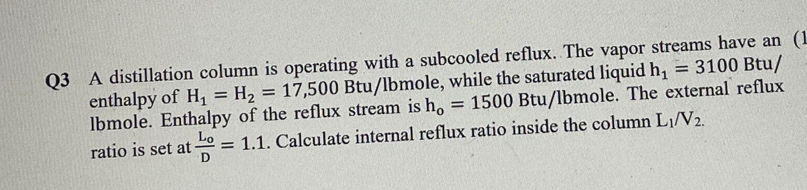 Solved Q3 A distillation column is operating with a | Chegg.com