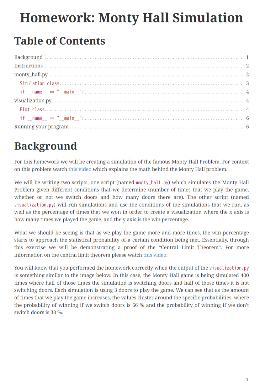 Solved Homework: Monty Hall Simulation Table of Contents 1 2 | Chegg.com
