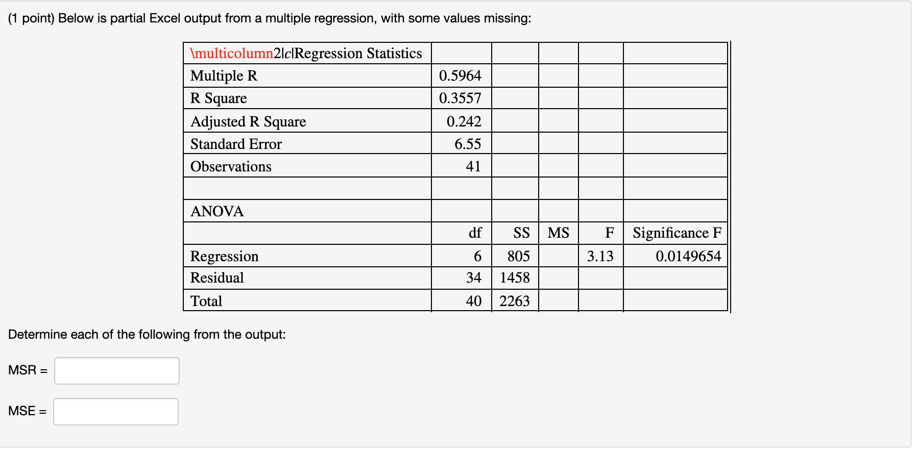 Solved (1 point) Below is partial Excel output from a | Chegg.com