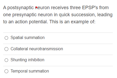 Solved A postsynaptic neuron receives three EPSP's from one | Chegg.com