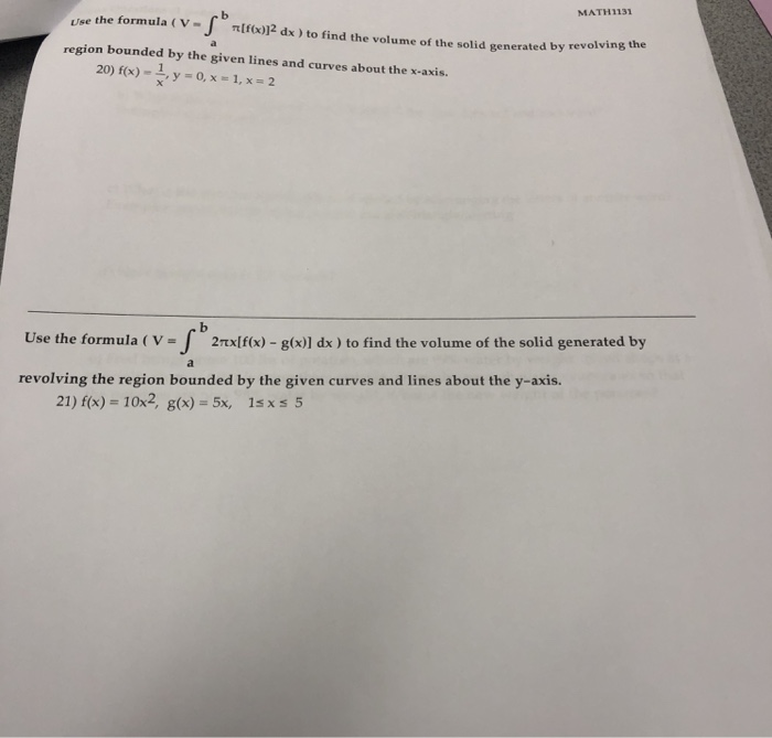 Solved MATH1131 rse the formula ( V-J π[f(x)12 d) to find th | Chegg.com