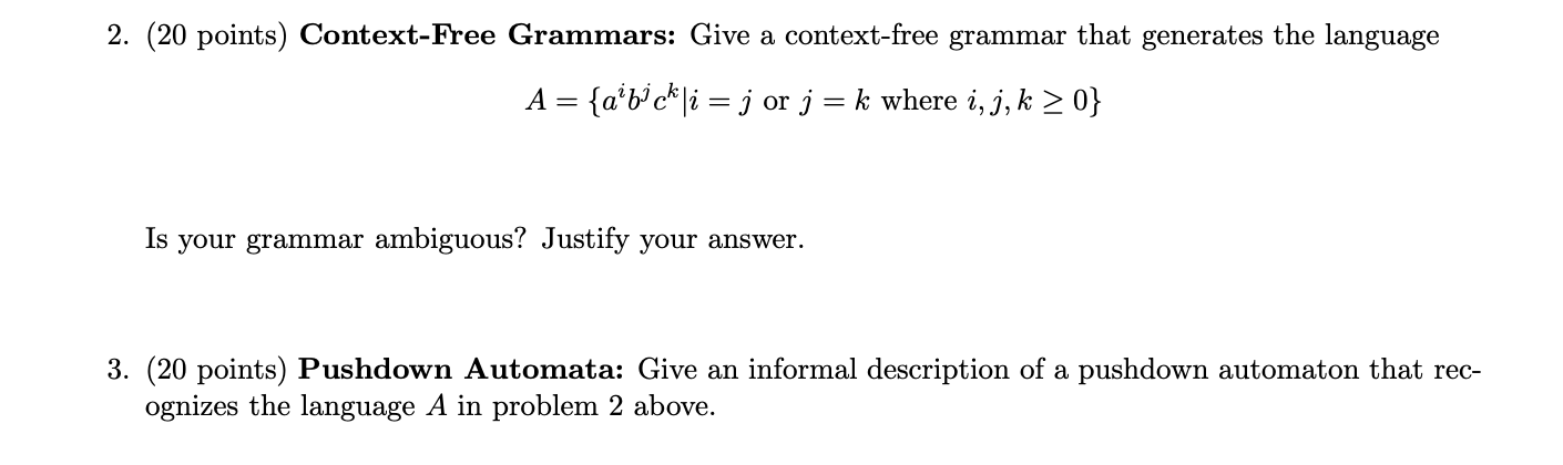 Solved 2. (20 points) Context-Free Grammars: Give a | Chegg.com
