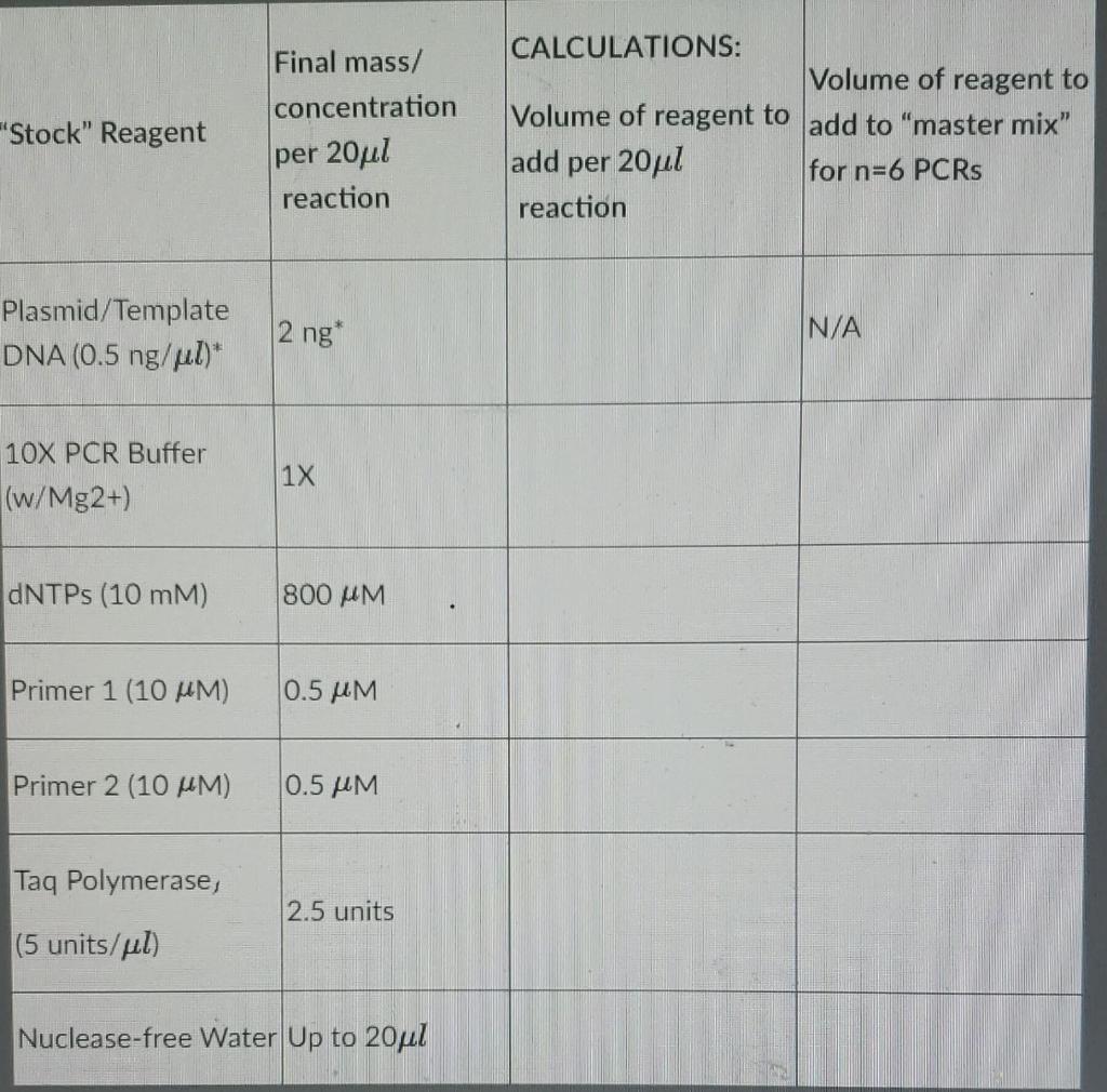 Stock" Reagent Final mass/ concentration per 20ul | Chegg.com