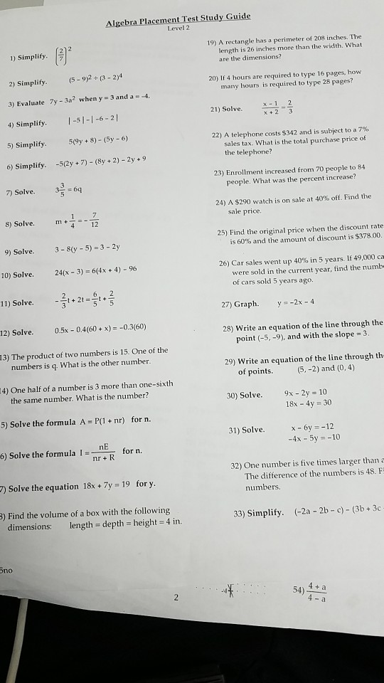 Solved Algebra Placement Test Study Guide Level 2 19) A | Chegg.com