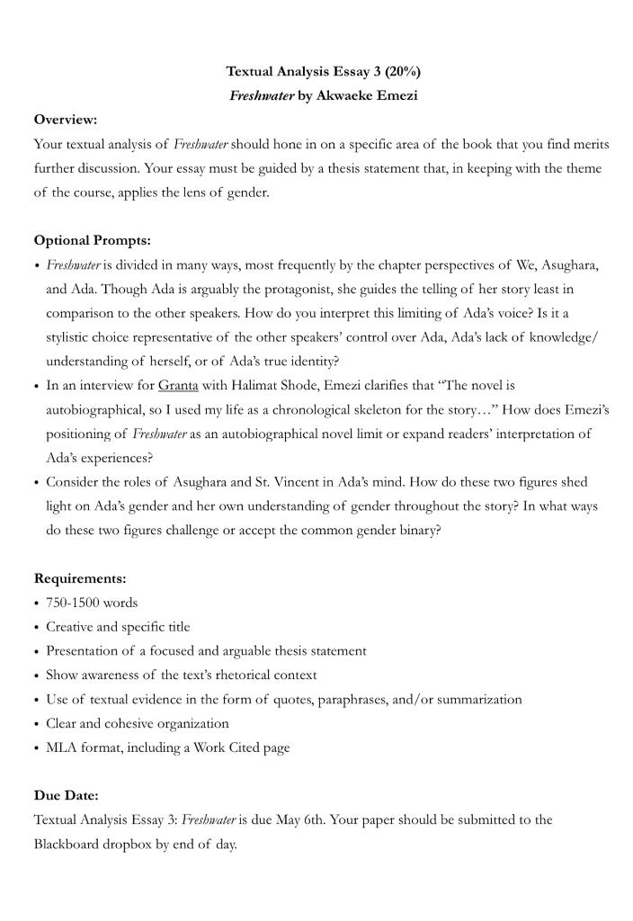 Textual Analysis Essay 3(20%) Freshwater by Akwaeke | Chegg.com