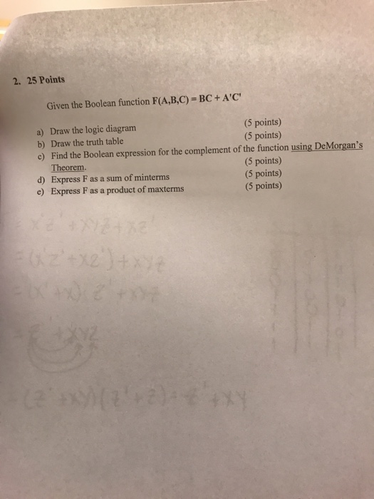 Solved 2. 25 Points Given the Boolean function F(A,B,C) BC+ | Chegg.com