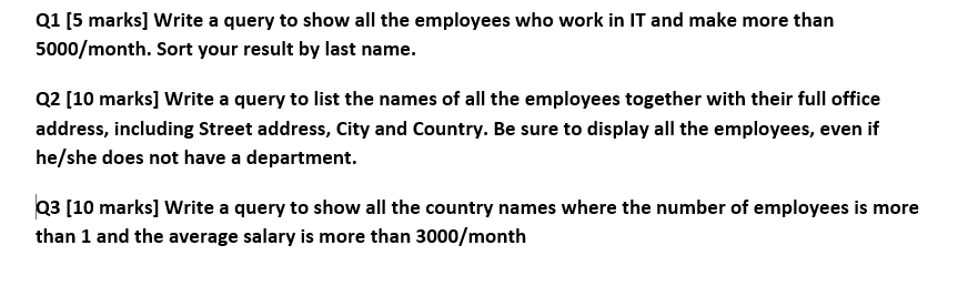Solved Q1 [5 marks] Write a query to show all the employees | Chegg.com