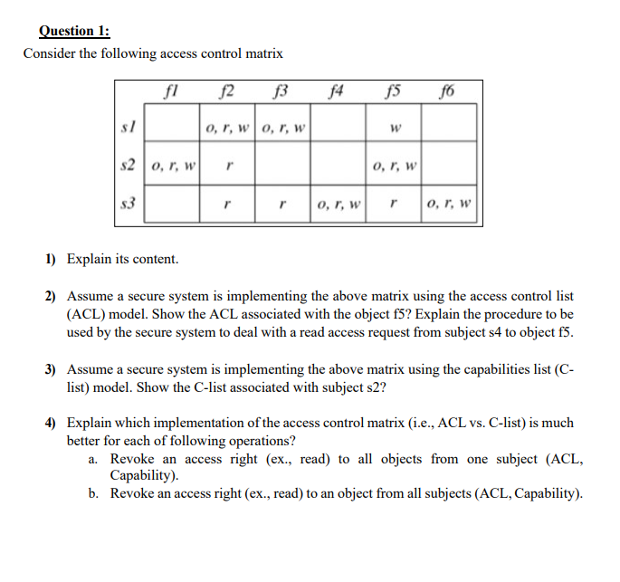 Solved Question 1: Consider the following access control | Chegg.com