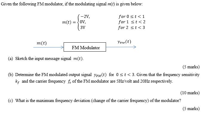 Solved Given the following FM modulator, if the modulating | Chegg.com