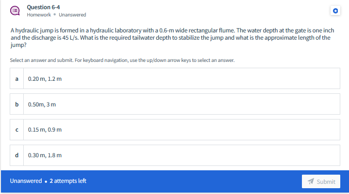 Solved Question 6-4 Homework. Unanswered A hydraulic jump is | Chegg.com