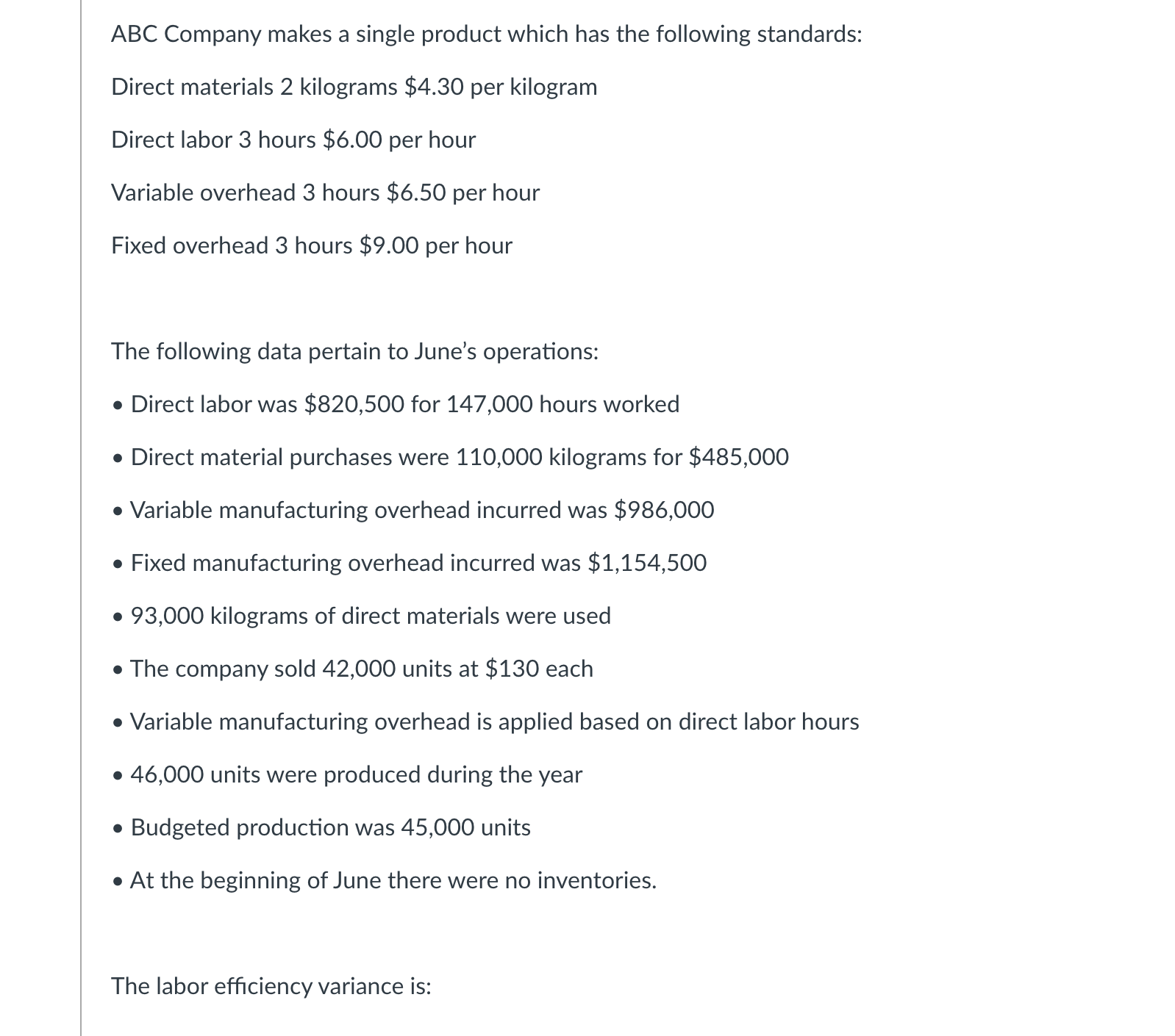 Solved ABC Company makes a single product which has the | Chegg.com