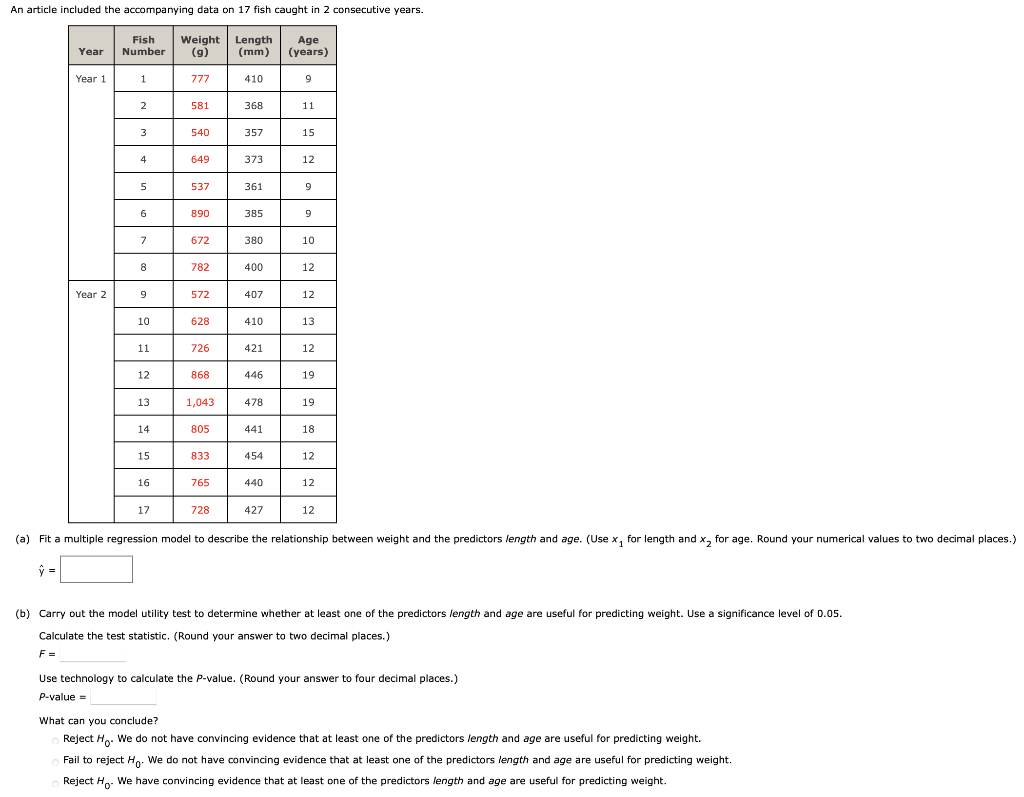 Solved An article included the accompanying data on 17 fish | Chegg.com