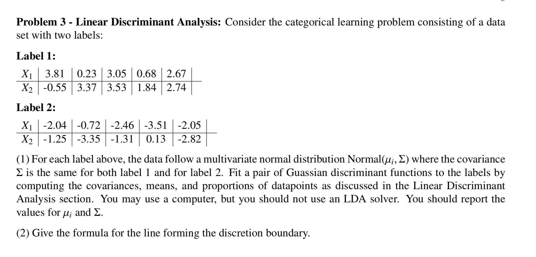 Problem 3 - Linear Discriminant Analysis: Consider | Chegg.com