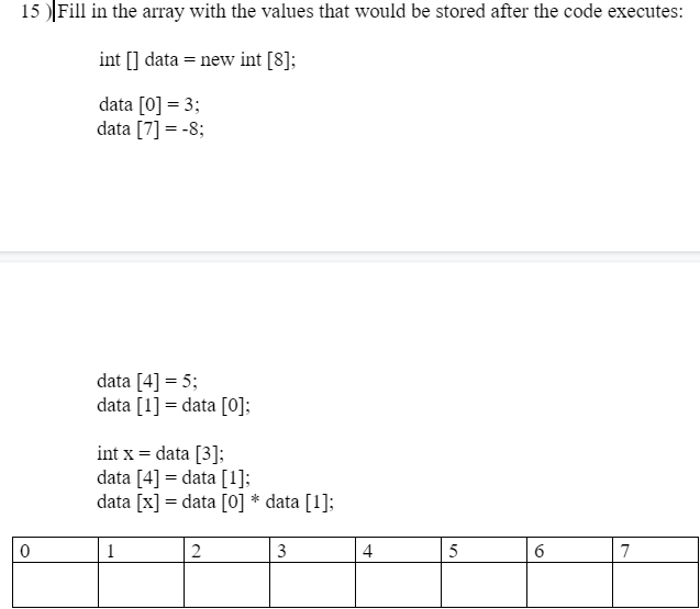 Solved 15) Fill in the array with the values that would be | Chegg.com