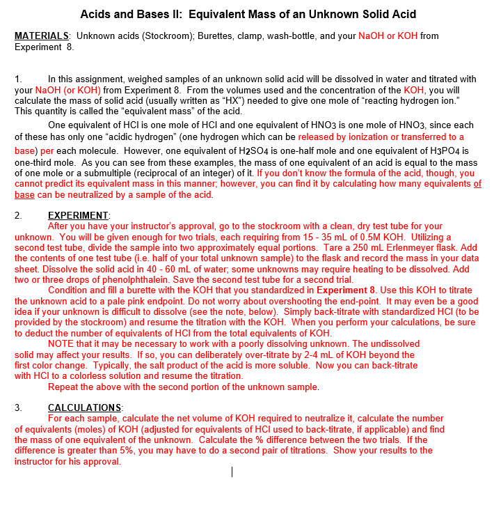 Solved Acids and Bases II: Equivalent Mass of an Unknown | Chegg.com