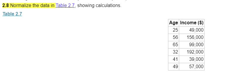 Solved 2.8 Normalize the data in Table 2.7, showing all | Chegg.com