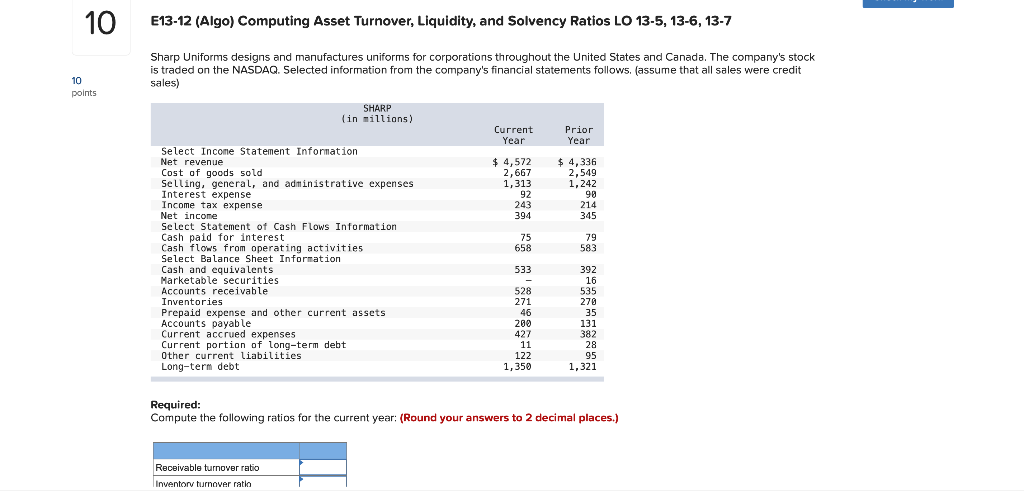 Solved 10 E13-12 (Algo) Computing Asset Turnover, Liquidity, | Chegg.com