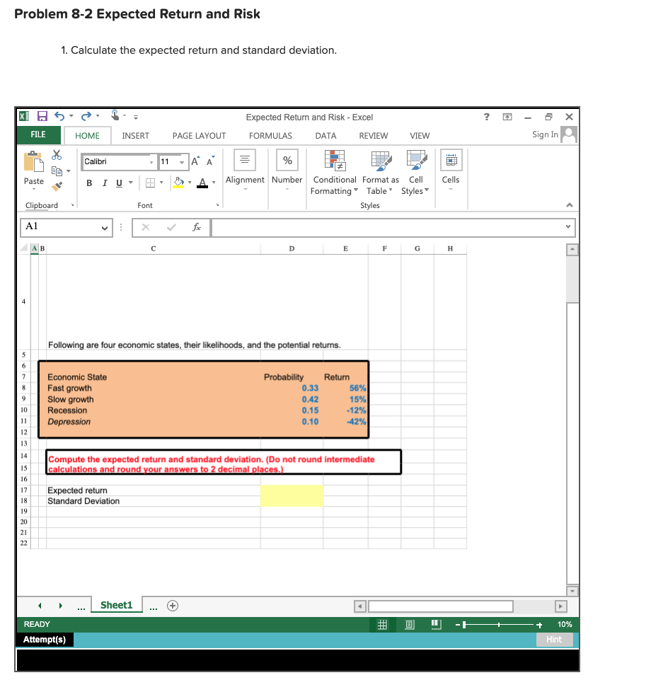 Solved Problem 8-2 Expected Return and Risk 1. Calculate the | Chegg.com
