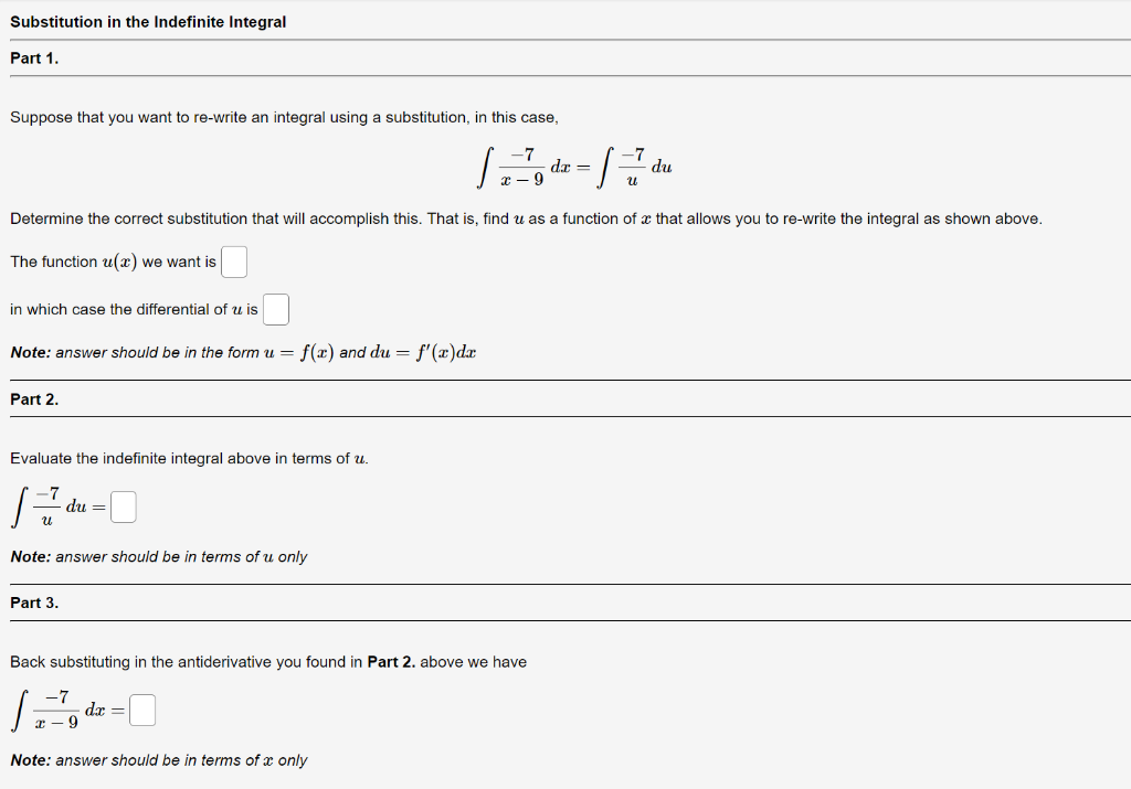 Solved Substitution in the Indefinite Integral Part 1. | Chegg.com