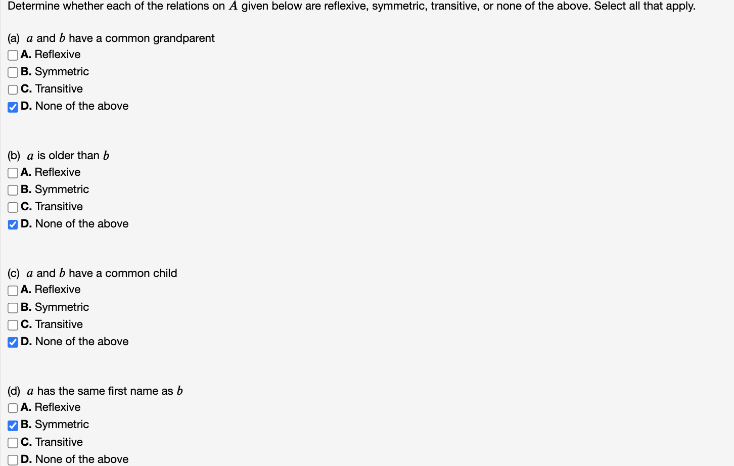 Solved Determine whether each of the relations on A given | Chegg.com