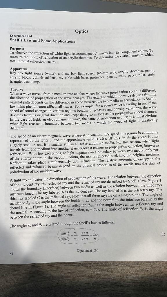 Solved Optics Experiment 0-1 Snell's Law and Some | Chegg.com