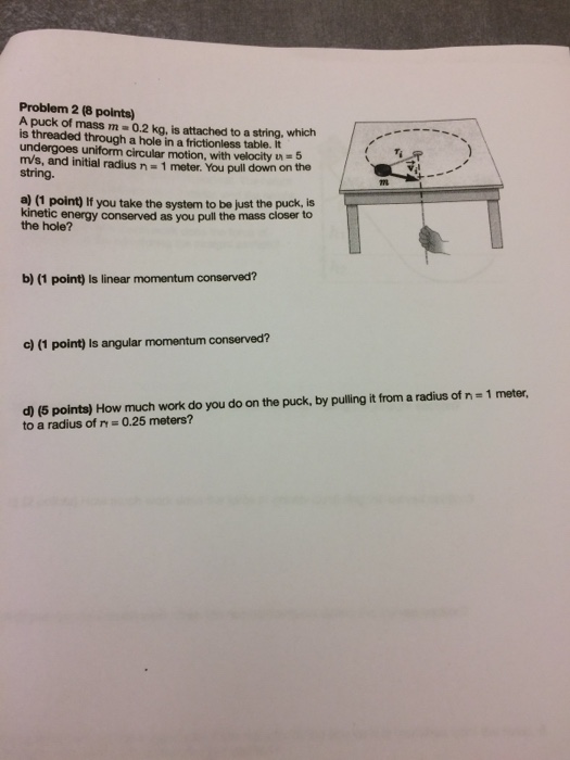 Solved A puck of mass m = 0.2 kg, is attached to a string, | Chegg.com