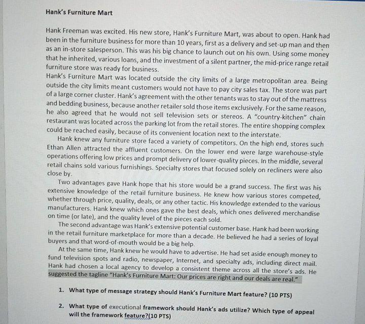 Solved Hank's Furniture Mart Hank Freeman was excited. His | Chegg.com