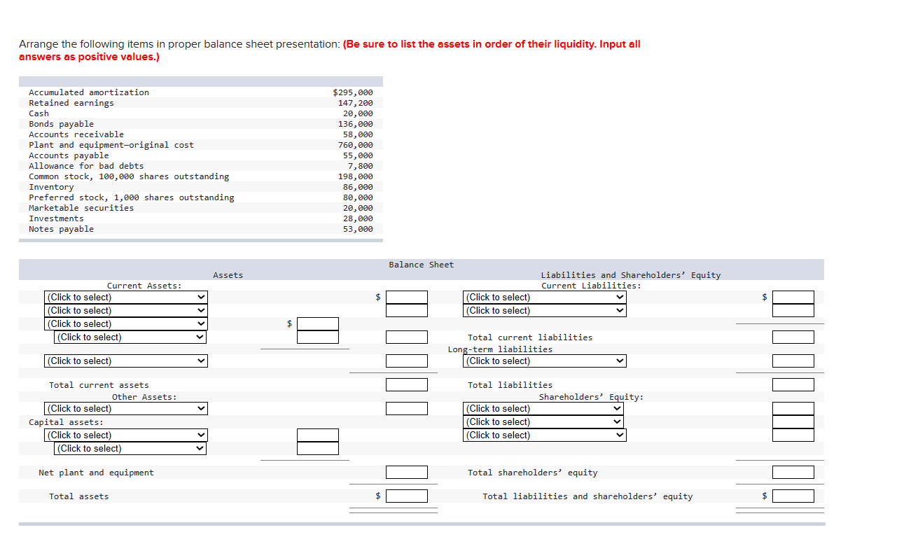 Solved Arrange the following items in proper balance sheet | Chegg.com