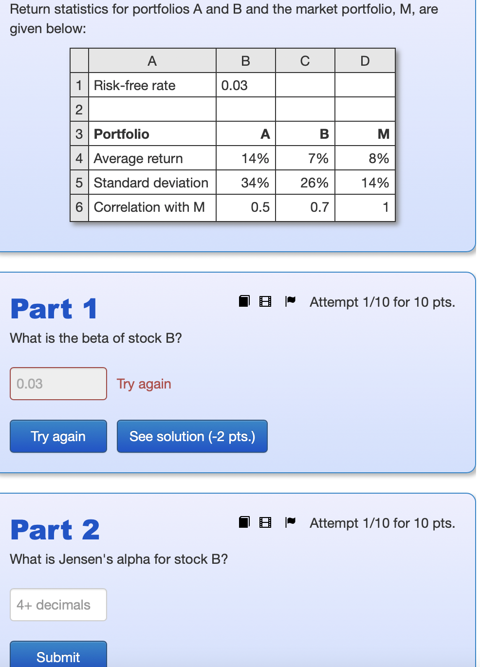 Solved Return statistics for portfolios A and B and the | Chegg.com