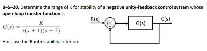 Solved B-5-20. Determine the range of K for stability of a | Chegg.com