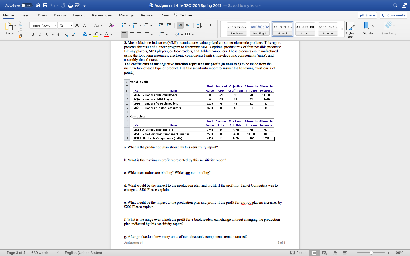 Solved AutoSave OFF w Assignment 4 MGSC1205 Spring 2021 - | Chegg.com