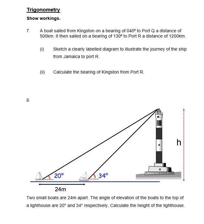Solved Trigonometry Show workings. 7. A boat sailed from | Chegg.com
