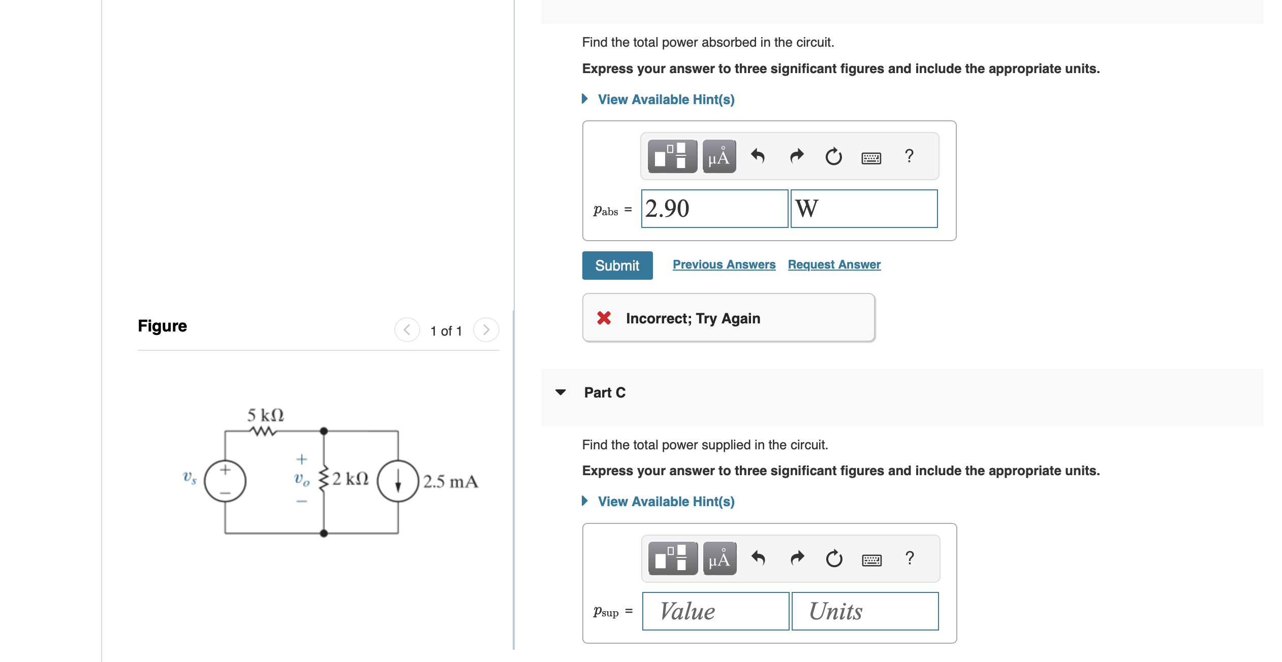 Find the total power absorbed in the circuit.Express | Chegg.com