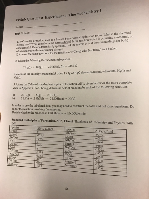 Solved TI EXPERIMENT 4: THERMOCHEMISTRY, PAR KEY GOALS AND | Chegg.com