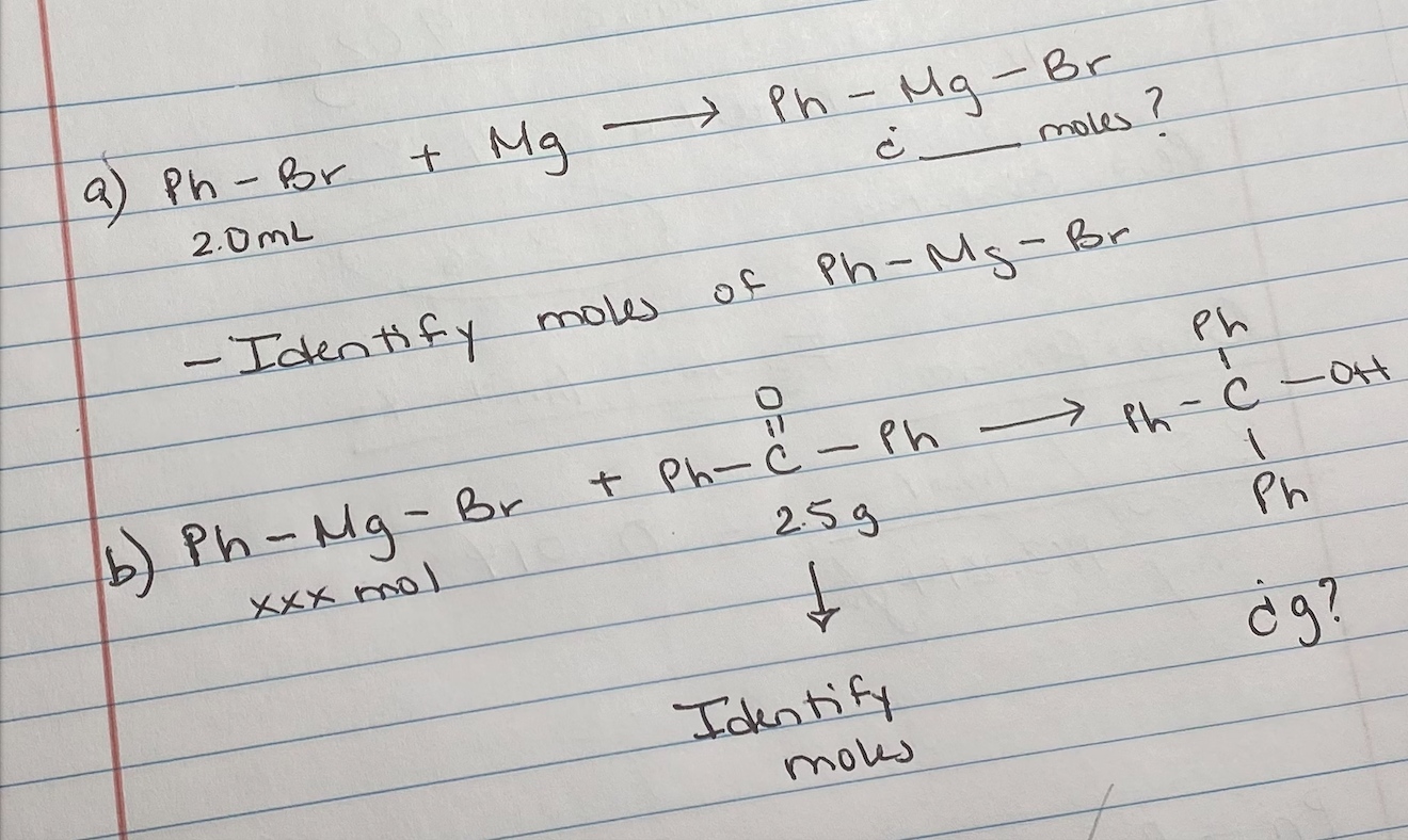 Solved → Ph - Mg - Br نم + Mg moles ? a) Ph-br 2.0mL of | Chegg.com