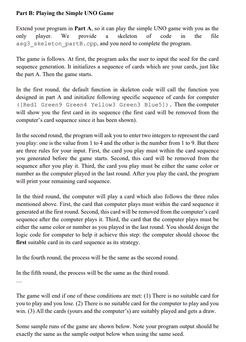 Solved Part B: Playing the Simple UNO GameExtend your | Chegg.com