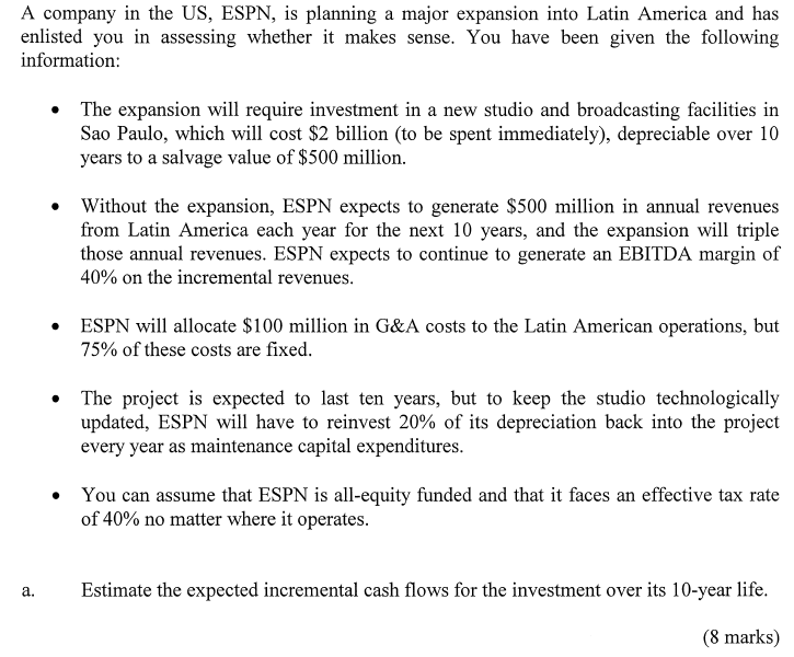 Solved A company in the US, ESPN, is planning a major | Chegg.com