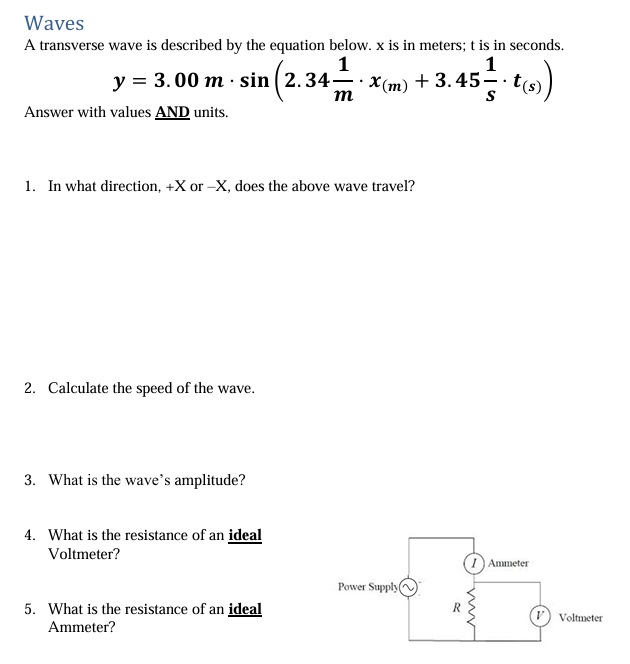 Solved Please answer 1-5.WavesA transverse wave is described | Chegg.com