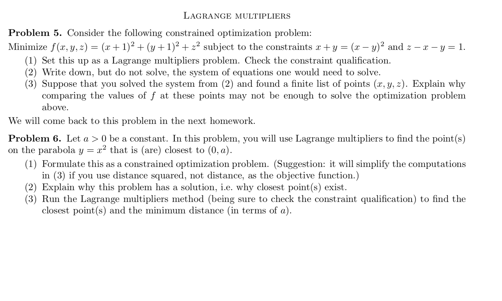 Solved LAGRANGE MULTIPLIERS Problem 5. Consider the | Chegg.com
