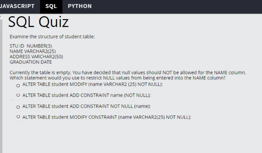 Solved Javascript Sql Python Sql Quiz Examine The Structure 9687