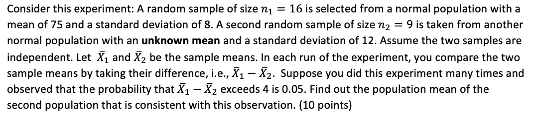 Solved Consider this experiment: A random sample of size n1 | Chegg.com