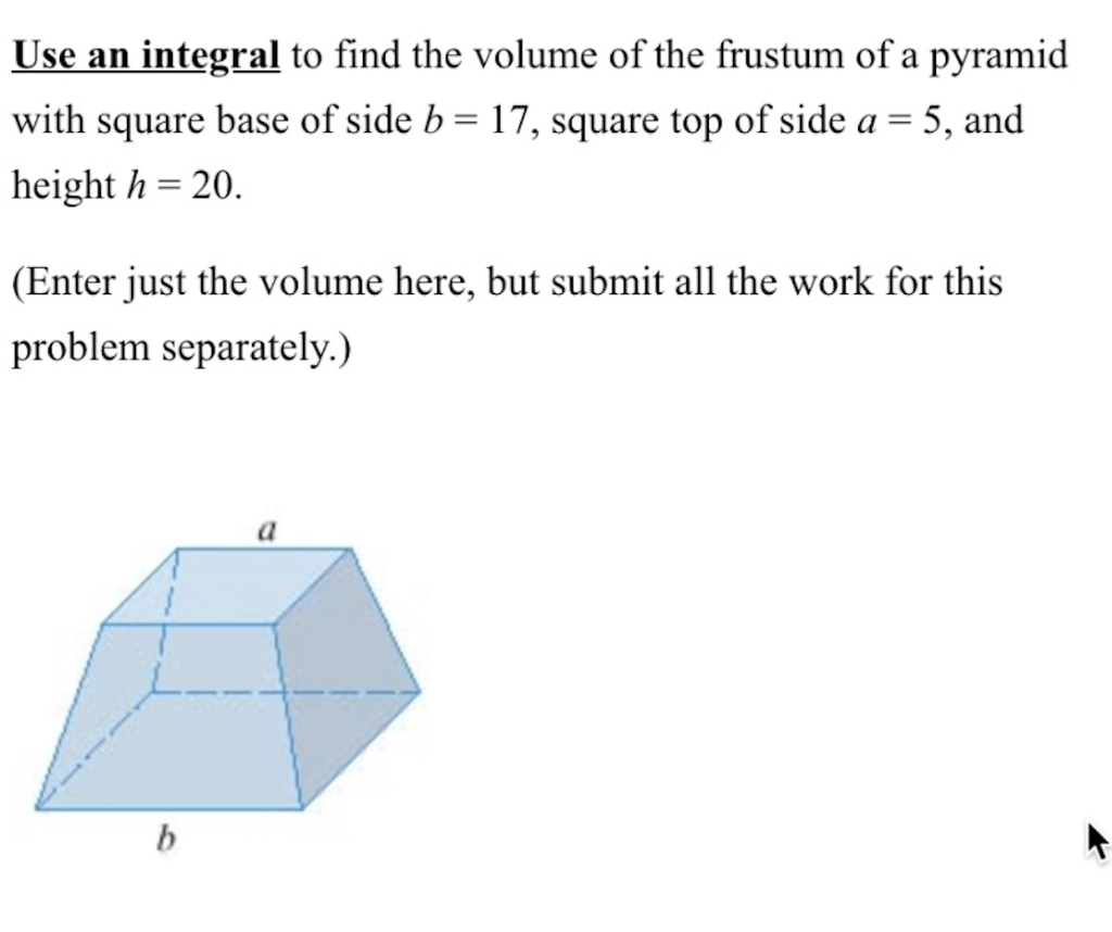 Solved Use an integral to find the volume of the frustum of | Chegg.com