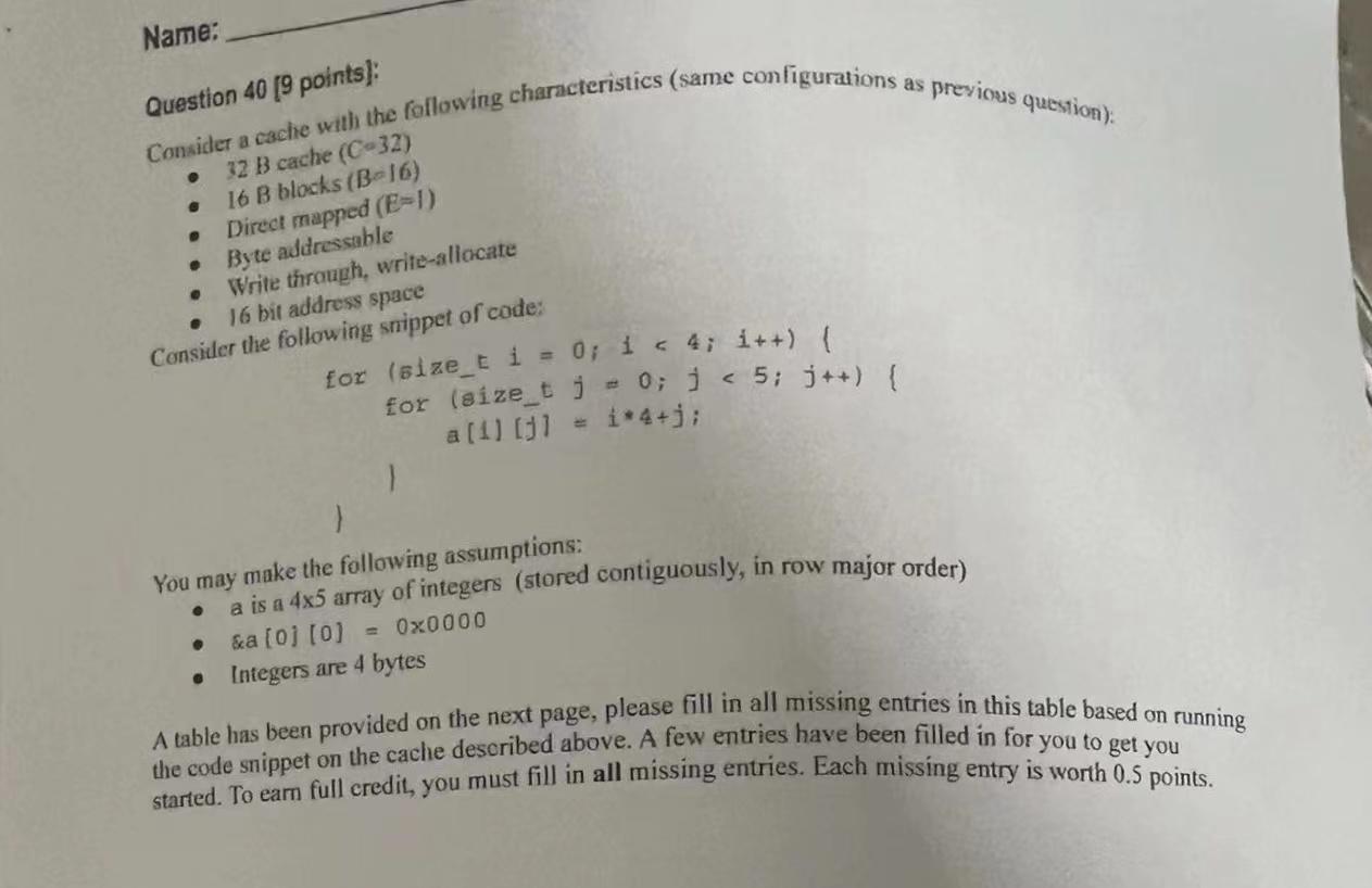 Solved Question 40 [ 9 points]: Consider a cache with the | Chegg.com
