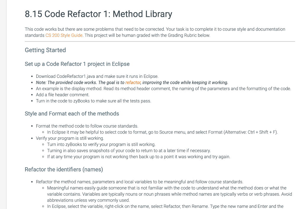 8.15 Code Refactor 1: Method Library This code works | Chegg.com