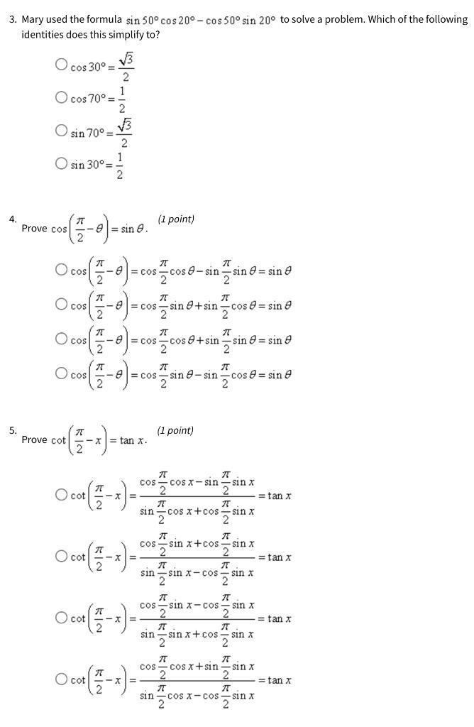 Solved 3. Mary used the formula sin 50°cos 20°- COS 50° sin | Chegg.com